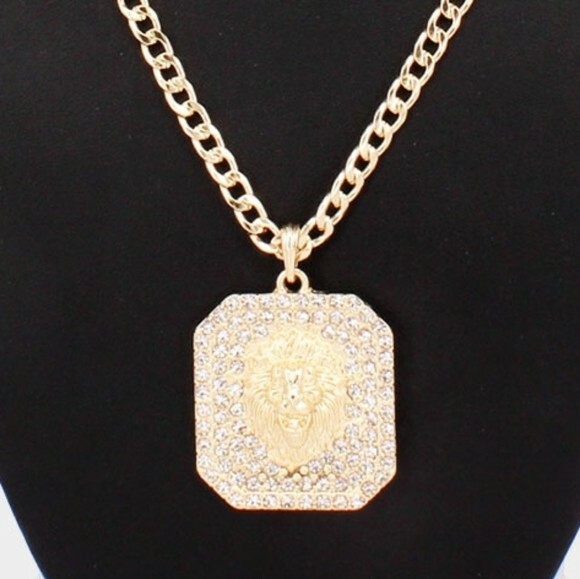Gold Lionhead Square Medallion Pendant Chain Link Necklace Fashion ...