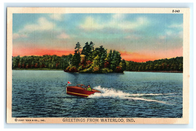 Postcard IN Greetings from Waterloo Indiana Wooden Speedboat on Lake ...