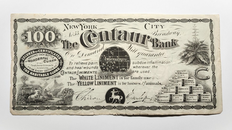 1870's "100" Centaur Liniment / "Centaur Bank" - NEW YORK Advertising ...