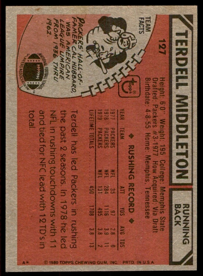 1980 TOPPS FOOTBALL TERDELL MIDDLETON GREEN BAY PACKERS #127 | eBay