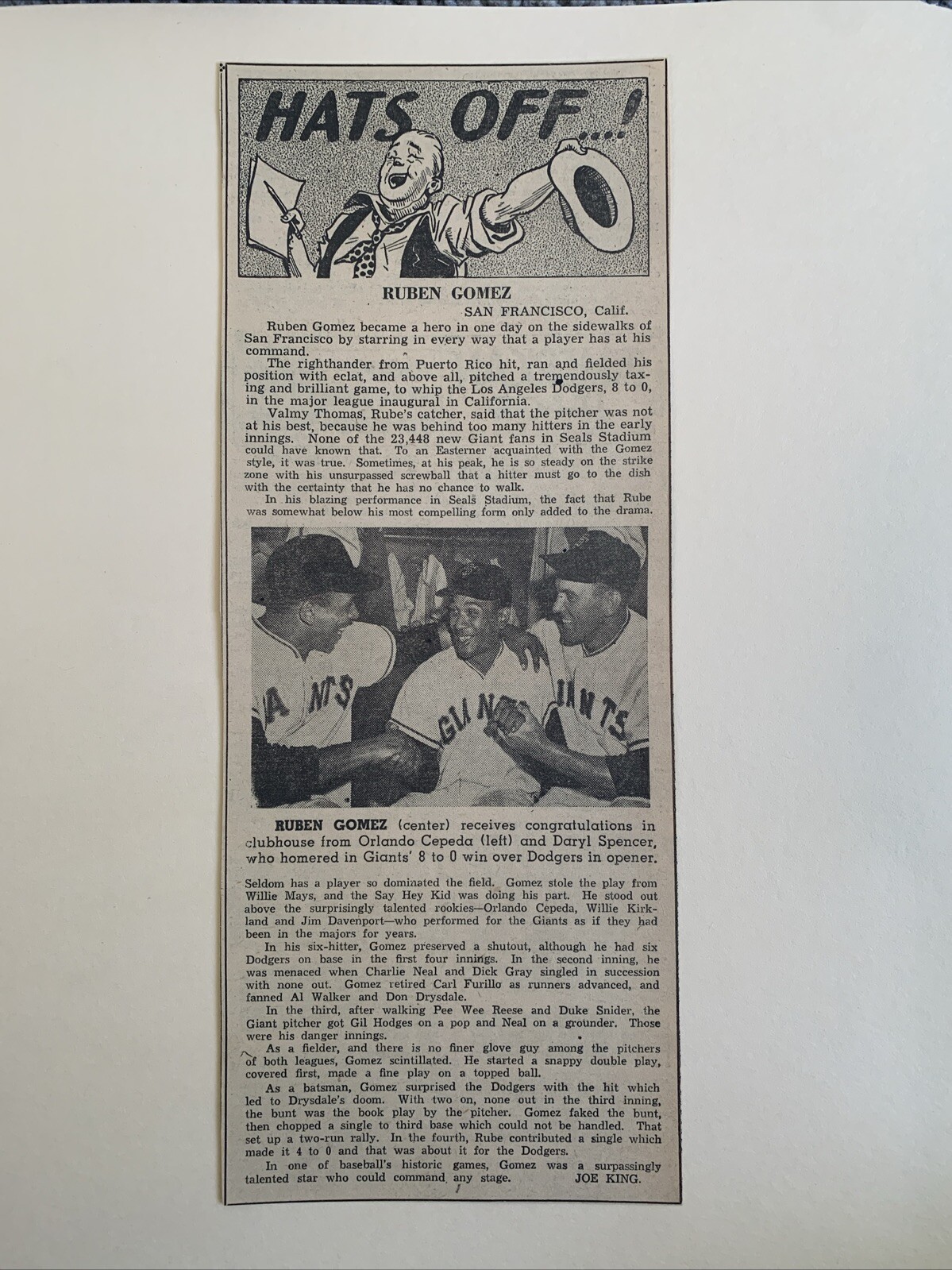 Ruben Gomez Orlando Cepeda Darly Spencer 1958 Sporting News Baseball ...
