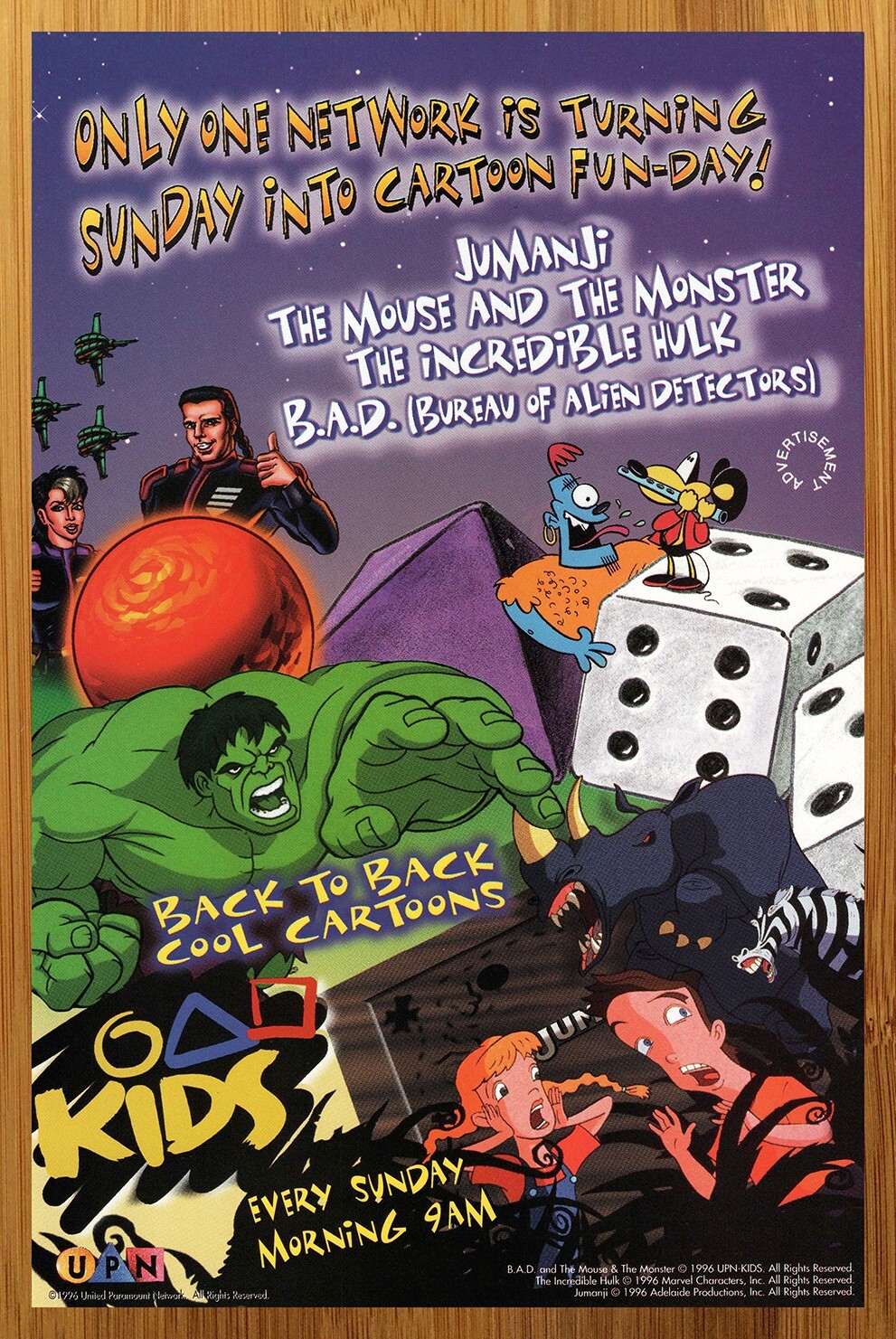 1996 UPN Kids Cartoons Print Ad/Poster Incredible Hulk Jumanji TV Promo ...