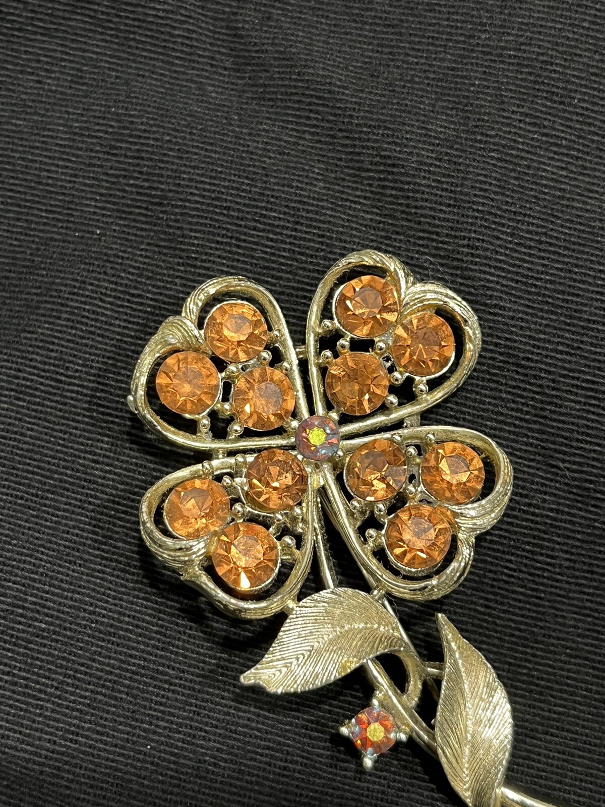 Vintage Lisner Brooch Flower with Leaves Amber Rhines… - Gem
