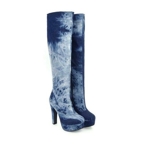 Women's Lady Side Zip High Block Heel Platform Shoes Denim Knee Thigh ...