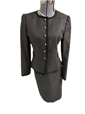 Tahari ASL Skirt Suit Size 6P Two Piece Set Wool Pearl Buttons Pin Tuck ...