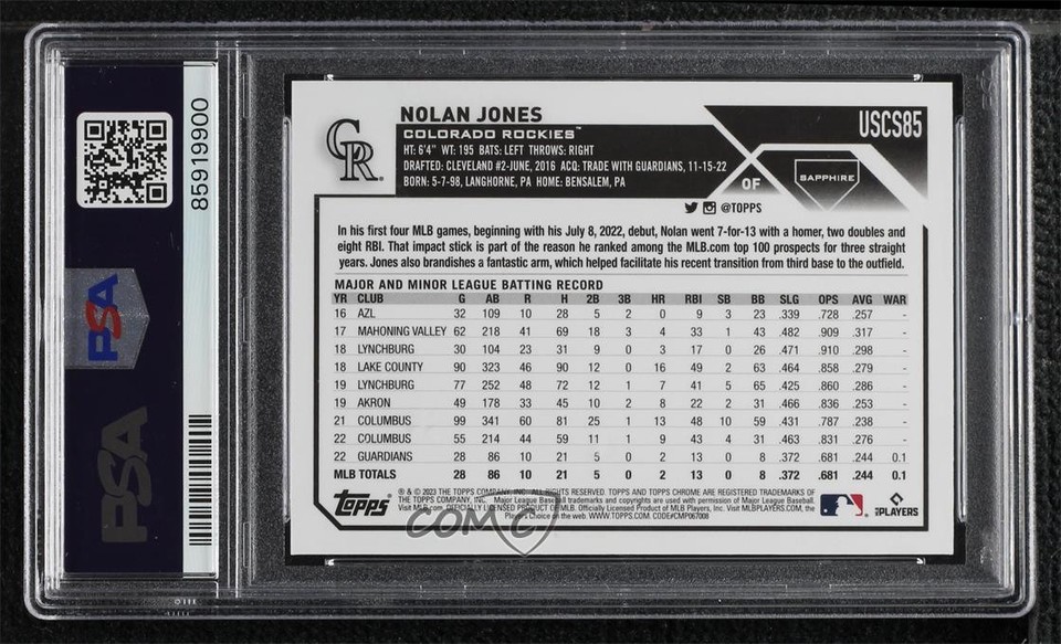 2023 Chrome Update Sapphire Edition Gold 9/50 Nolan Jones PSA 10 Rookie ...