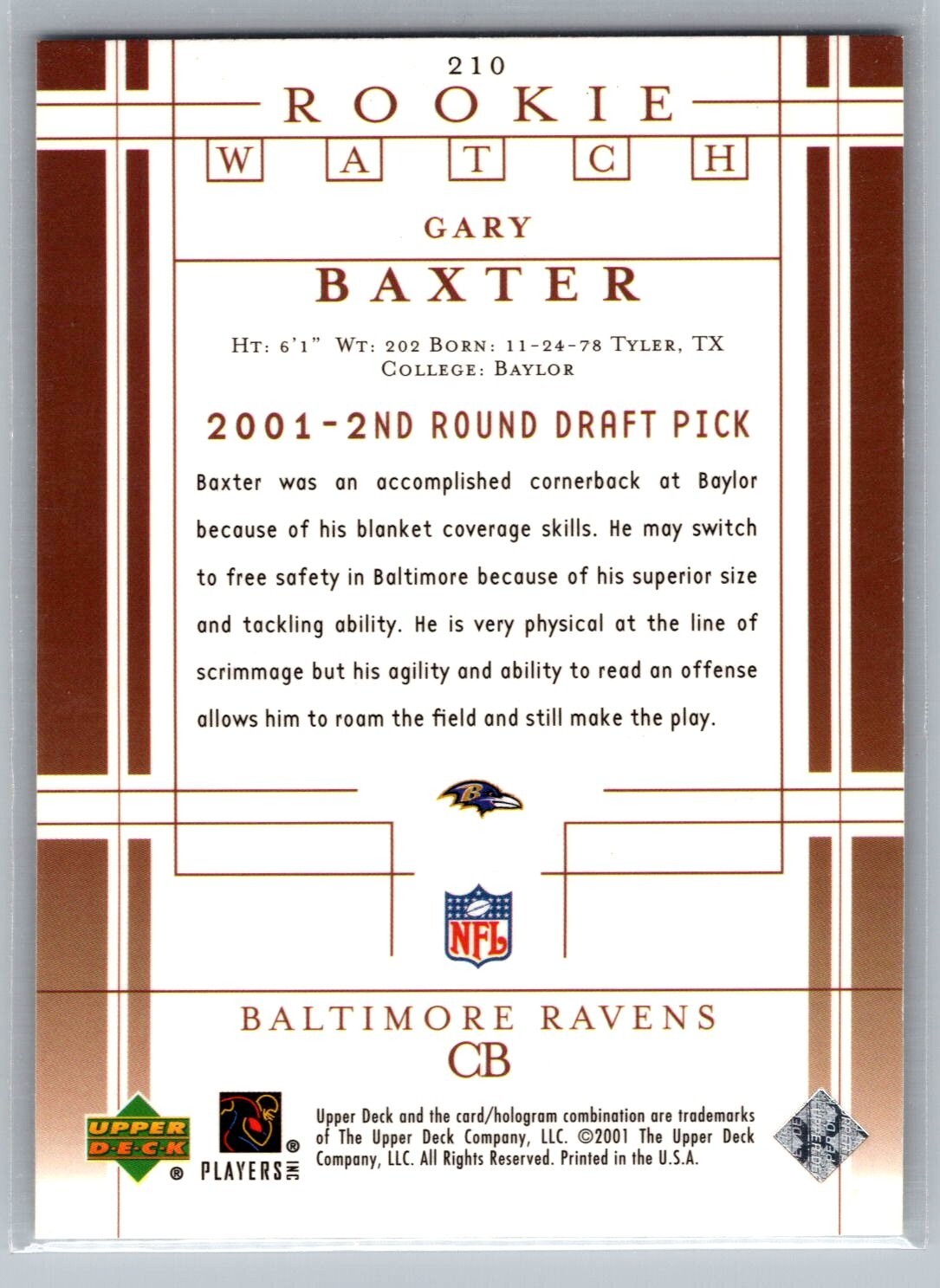 2001 Upper Deck - Rookie Watch #210 Gary Baxter (RC) for sale online | eBay