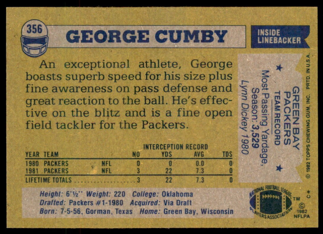 1982 Topps George Cumby Green Bay Packers #356 | eBay