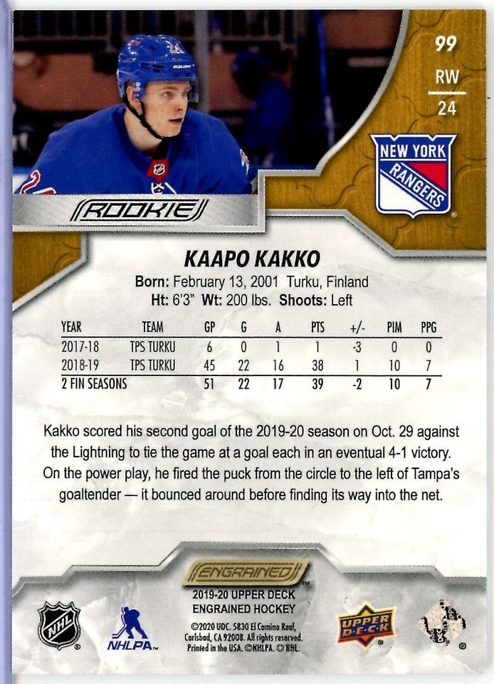 2019-20 Upper Deck Engrained #99 Kaapo Kakko RC /299 - New York Rangers | eBay