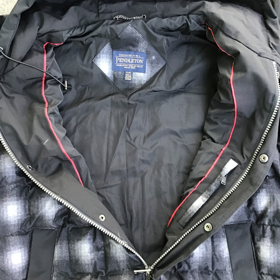 NWT PENDLETON XL 650 Fill Power Duck Down Jacket Hooded Men Black Plaid ...