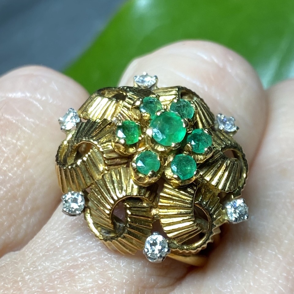 Diamond Emerald Love Knot Ring Estate Fine Jewelry Retro Pre-Owned 18K ...