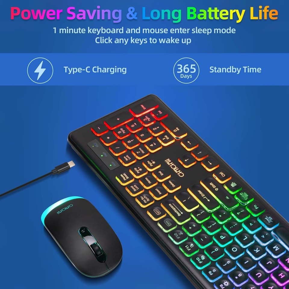 Wireless Keyboard and Mouse Combo Backlit - Compact Quiet Keyboard with ...