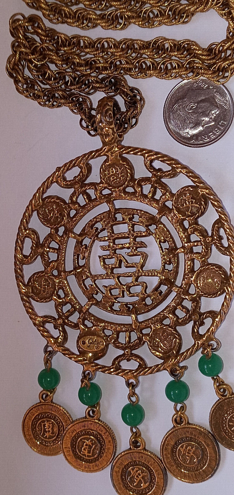 GOLDETTE GOLDTONE, JADE COIN LOOK PENDANT, 2 1/2 X 4 3/8" NECKLACE, 21 ...