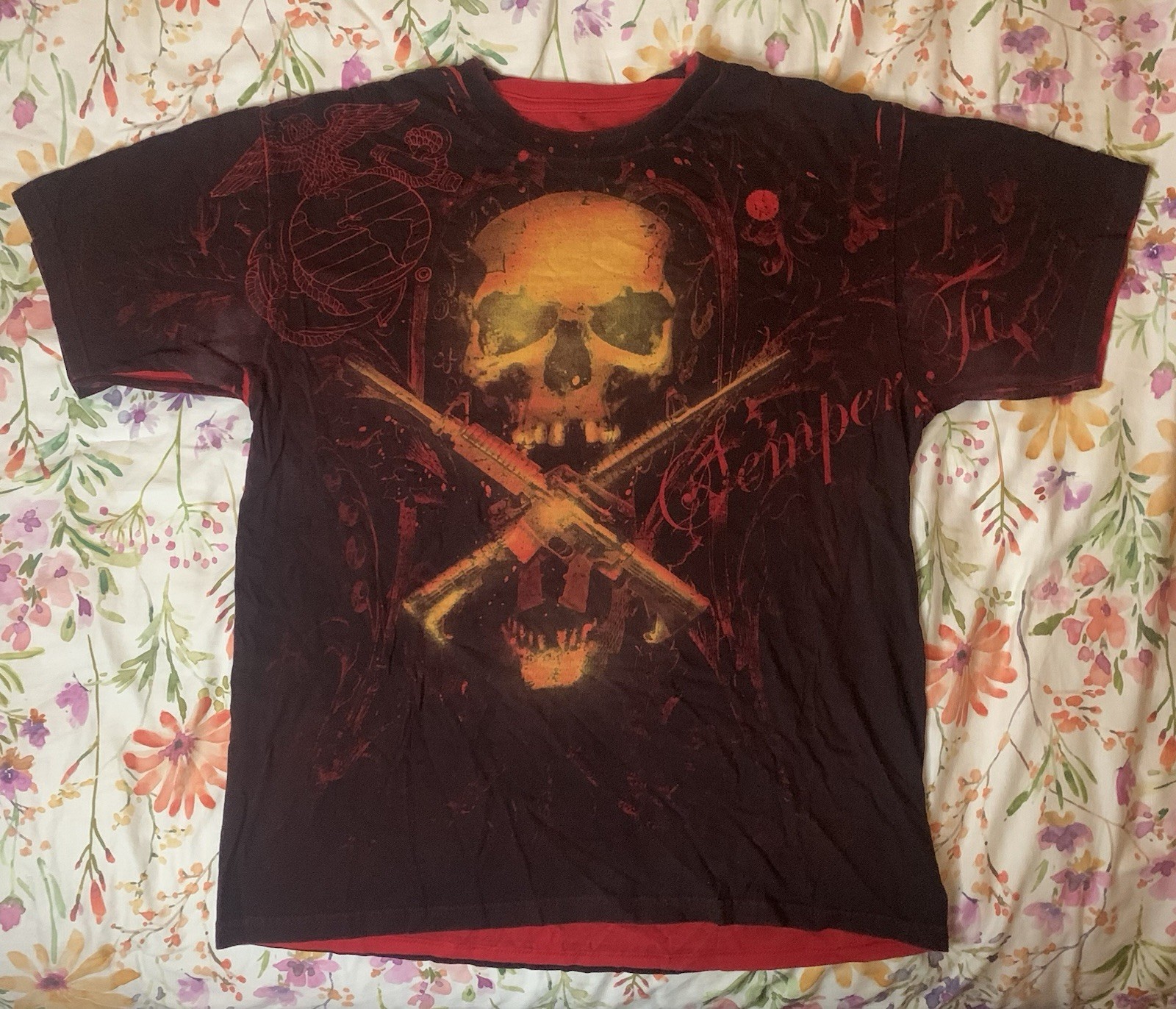 Very Rare USMC Crossed Rifles Skull L Red Tee Shirt U… - Gem