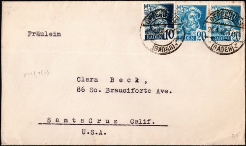 Germany - Baden Occupation - 1948 Cover to Santa Cruz California USA ...