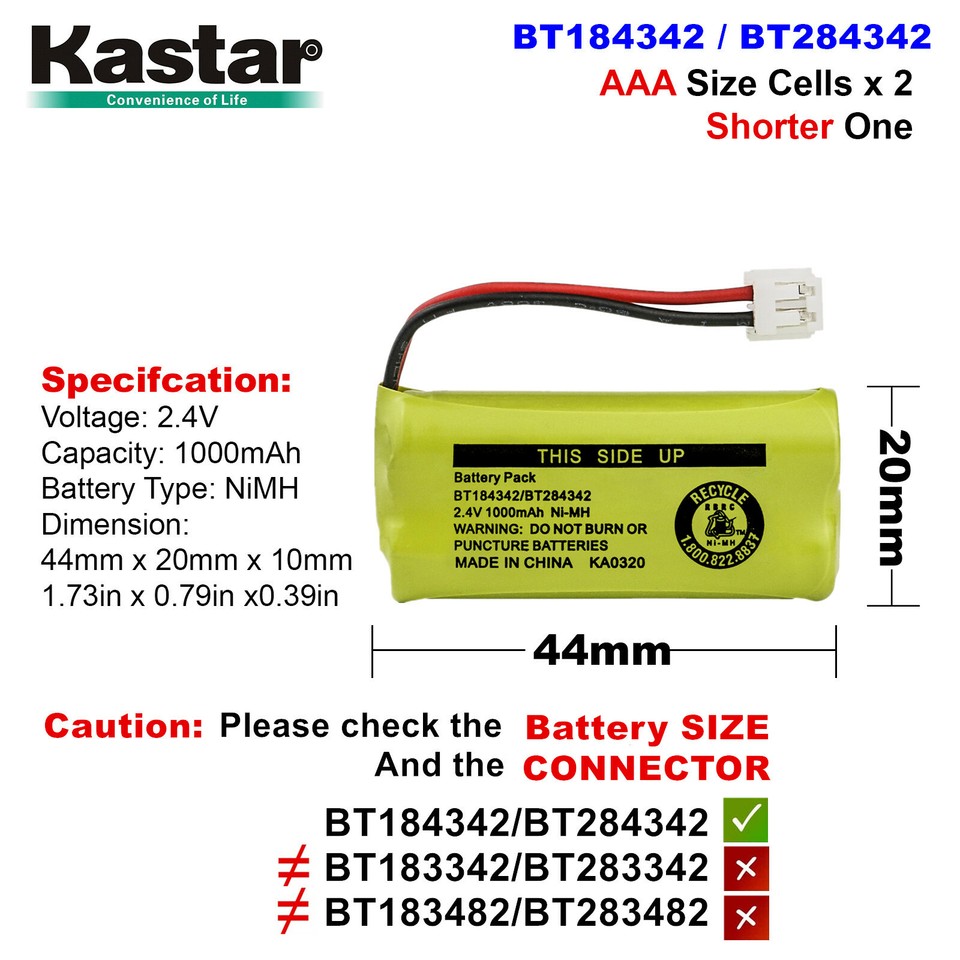 Kastar 2.4V 1000mAh Battery for Vtech VT-6052 VT6053 VT-6053 BT-18433 ...