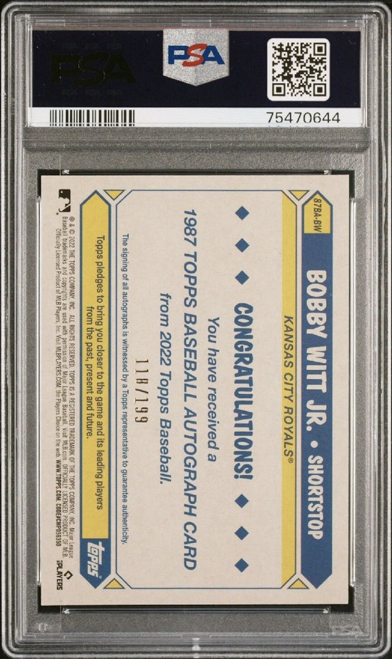 2022 Topps Update Bobby Witt Jr. ‘87 Topps BB Auto Black RC AUTO 118/ ...