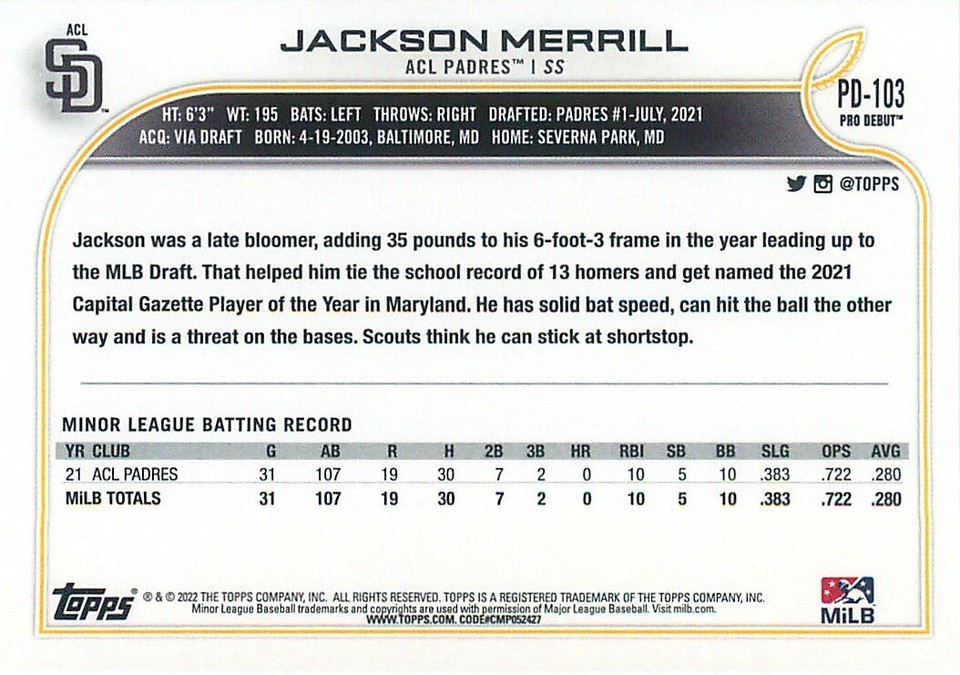 Jackson Merrill 2022 Topps Pro Debut MiLB Baseball Rookie Card#PD-103 ...