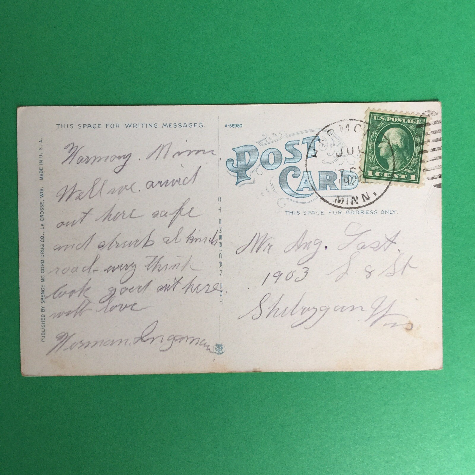 Copland Park La Crosse Wisconsin Postmark Harmony Minnesota 1920 ...