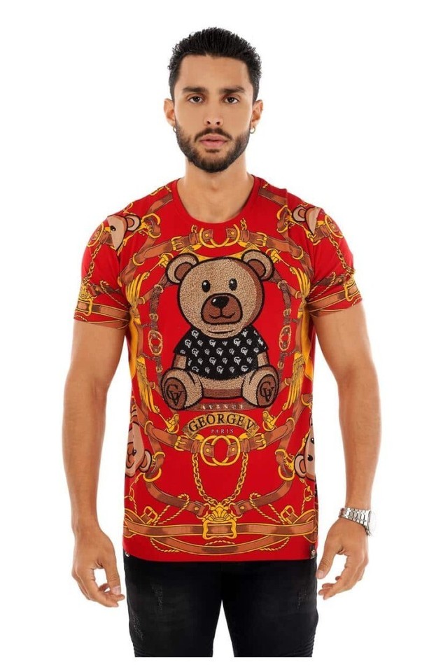 Avenue George V Paris T-Shirt GV Teddy Rhinestone Men's Red Fitted Tee ...