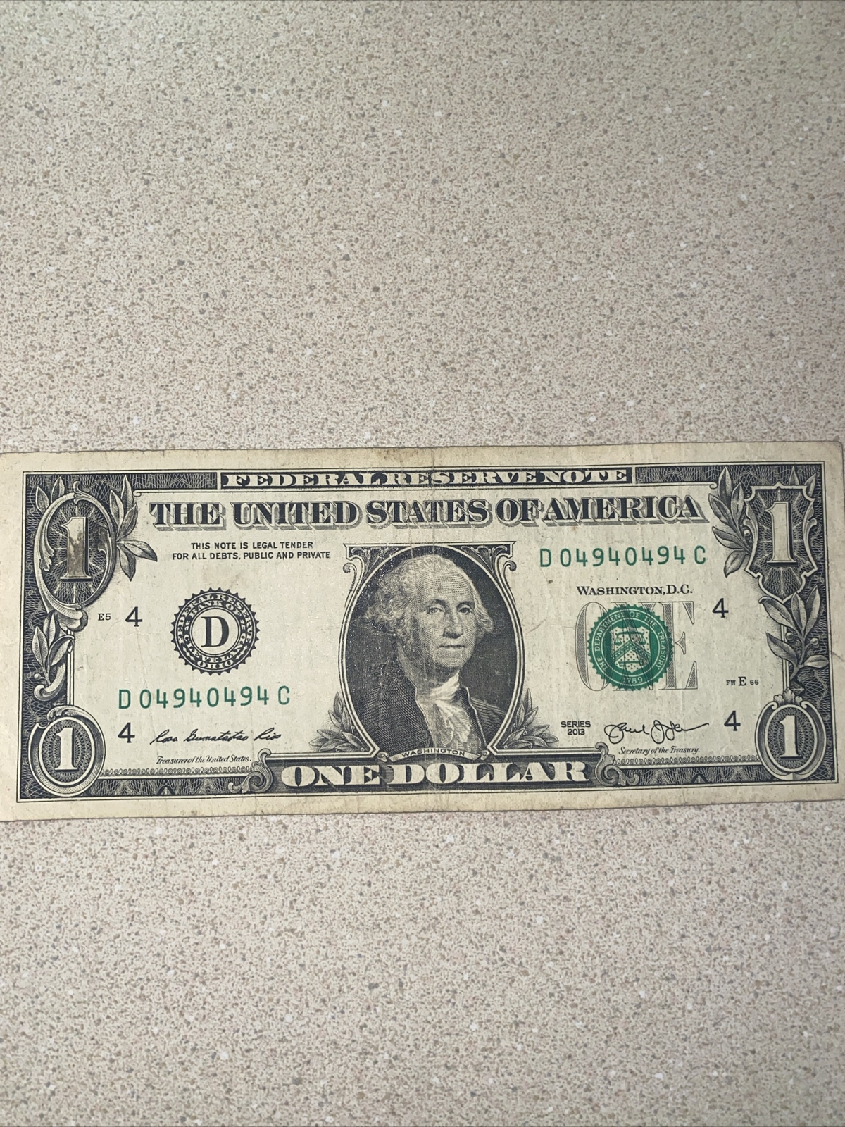 Fancy Serial Number 1 Dollar Bill Radar Repeater D04940494CFederal ...