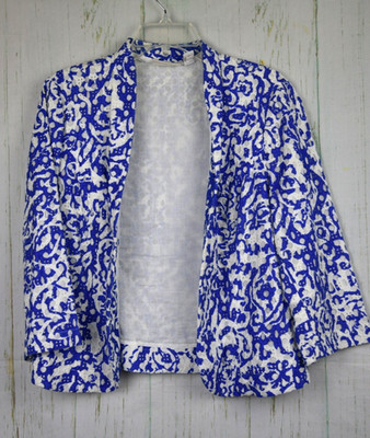 Chico's Women's Blue White Open Front 3/4 Sleeve Eyelet Jacket Size 1 ...