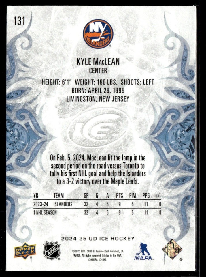 2024-25 Upper Deck Ice Rookie 3241 Kyle MacLean Rookie New York ...