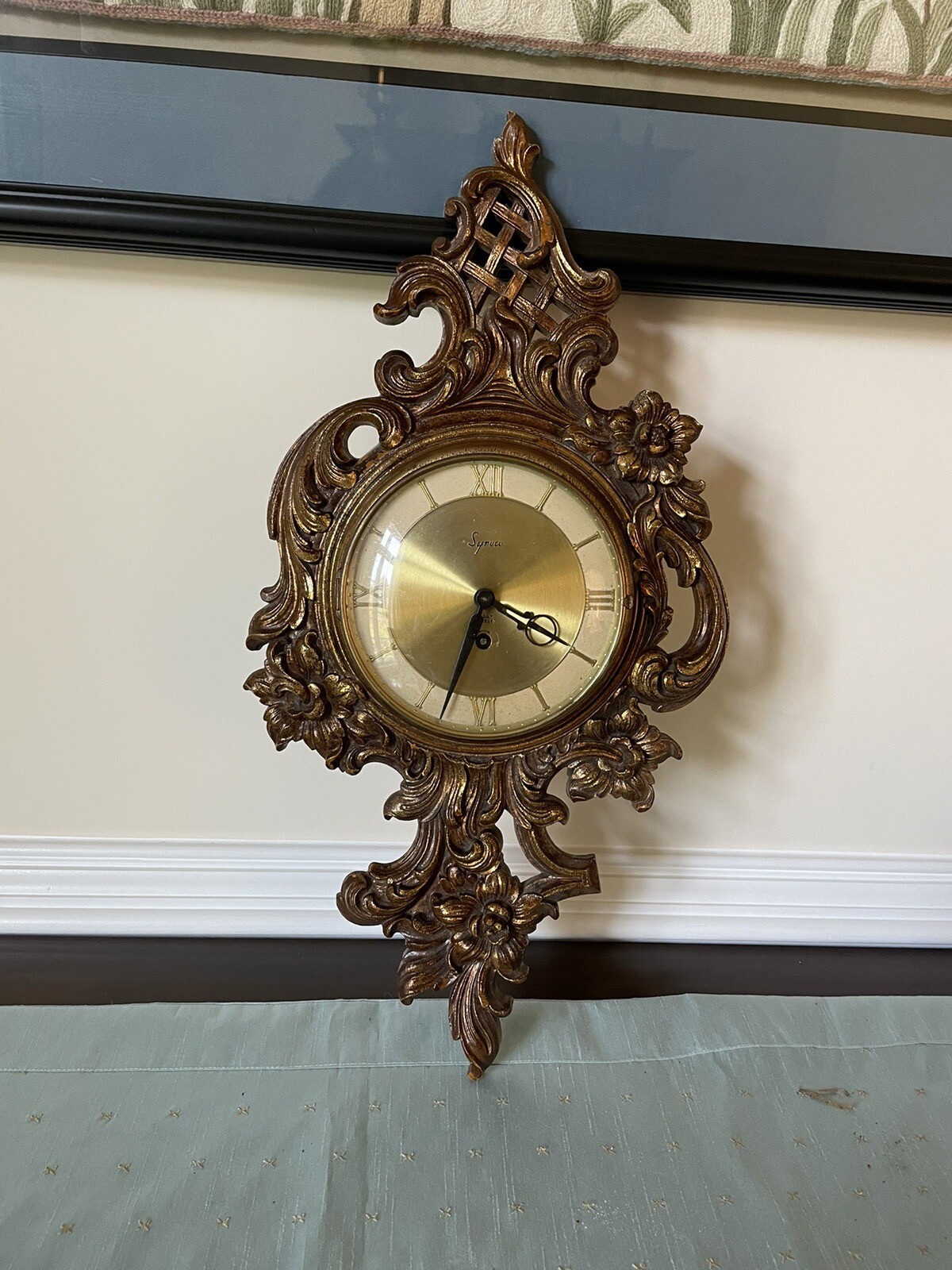antique vintage French clock brass ornate wall clock wind up roses ...