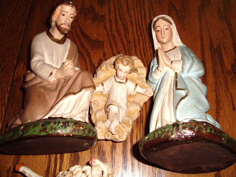 Antique Vintage 1950s Nativity Chalkware Creche Manger 7" Mary Jesus ...