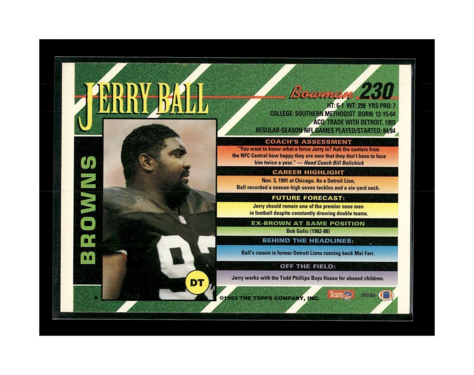 1993 Bowman NFL Football Card #230 Jerry Ball DT #93 Cleveland Browns ...
