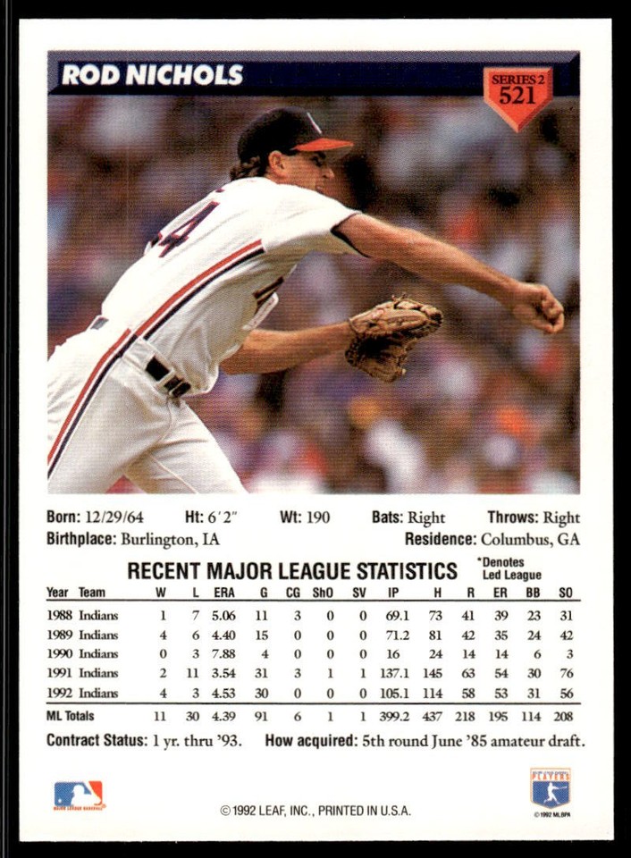1993 Donruss 521 Rod Nichols Cleveland Indians Baseball Card | eBay