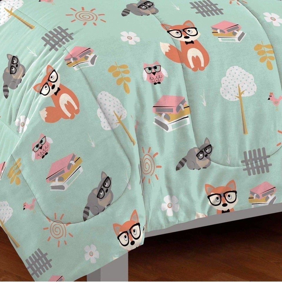 Twin Bed Bag Green Woodland Forest Animals Fox Raccoon 5 pc Comforter ...
