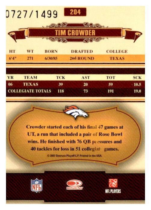 Tim Crowder 2007 Donruss Classics 204 RC, SN1499 Rookie | eBay