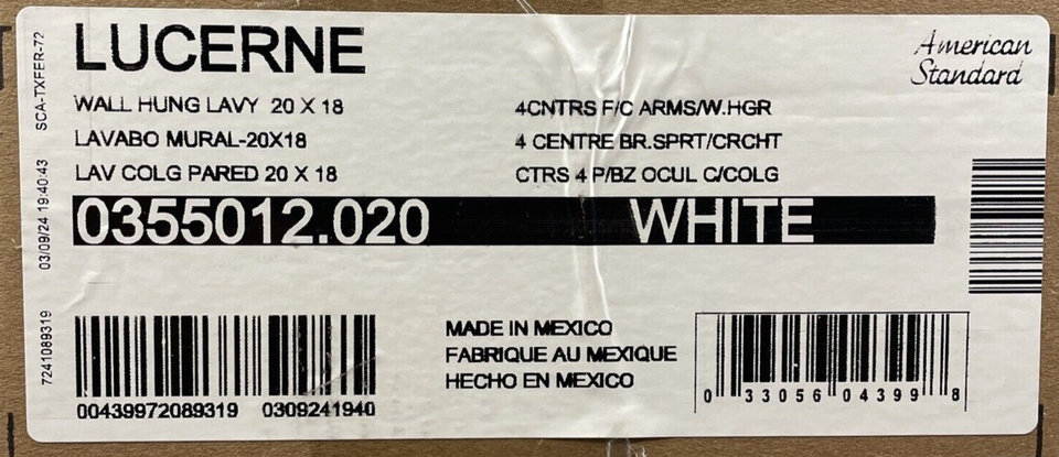 NEW American Standard 0355.012 Lucerne 20-1/2" Wall Mounted Porcelain ...