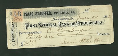 First National Bank Of Stroudsburg Pennsylvania Cut Canceled Check 1898 ...