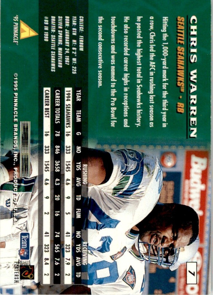 1995 Pinnacle Chris Warren Seattle Seahawks #7 | eBay