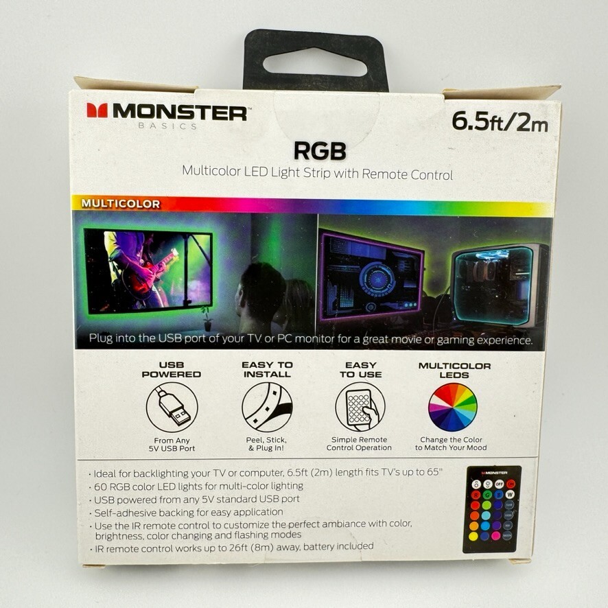 MONSTER Basics LED Light Strip RGB Remote Control USB MultiColor 6.5ft ...