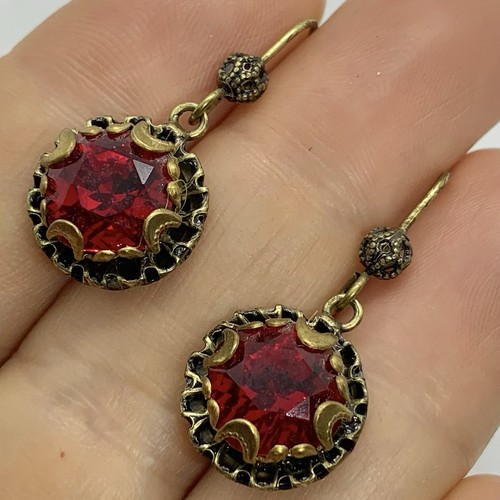 Vtg Etruscan Red Rhinestone Brass Dangle Earrings Hook Revival Glass ...