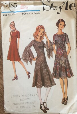 1970’s Style 3185 Handkerchief Sleeves Dress Sewing Pattern Sz12 B34 ...