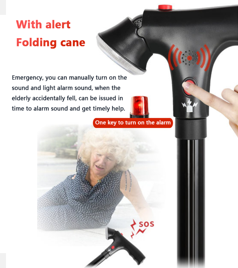 Folding Adjustable Walking Stick Cane with LED Torch & Alarm button ...