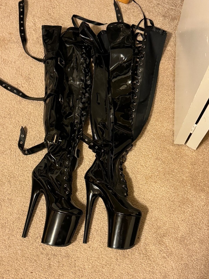 PLEASER 8" Heel Black Patent Platform Stretch Thigh Boot FLAMINGO-3028 ...