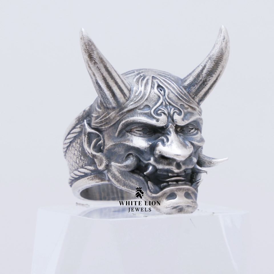 Japanese Mythology Protection Oni Mask Ring Biker Oxidized Men's 925 ...