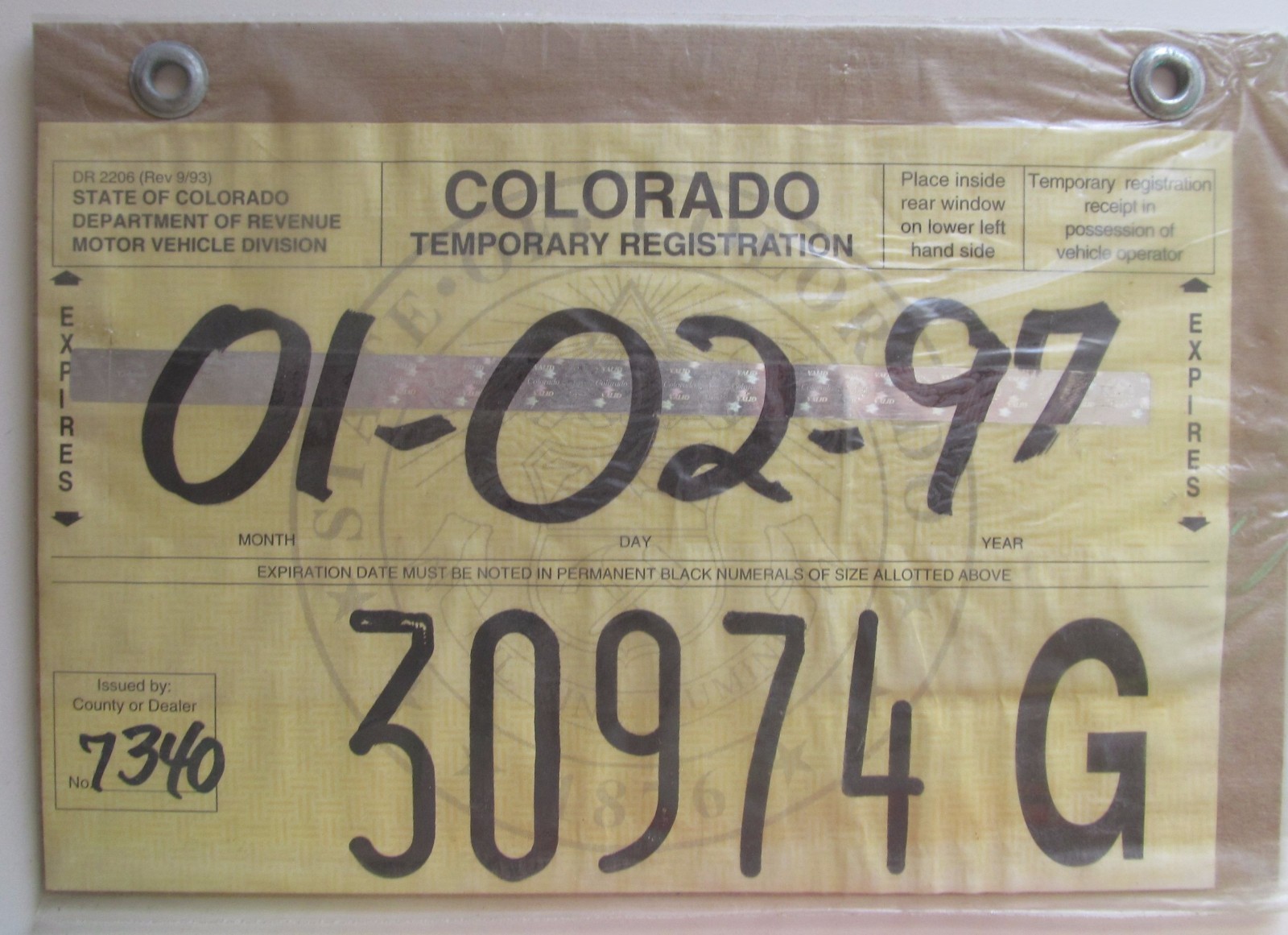 Colorado 1997 TEMPORARY REGISTRATION License Plate # 30974 G | eBay