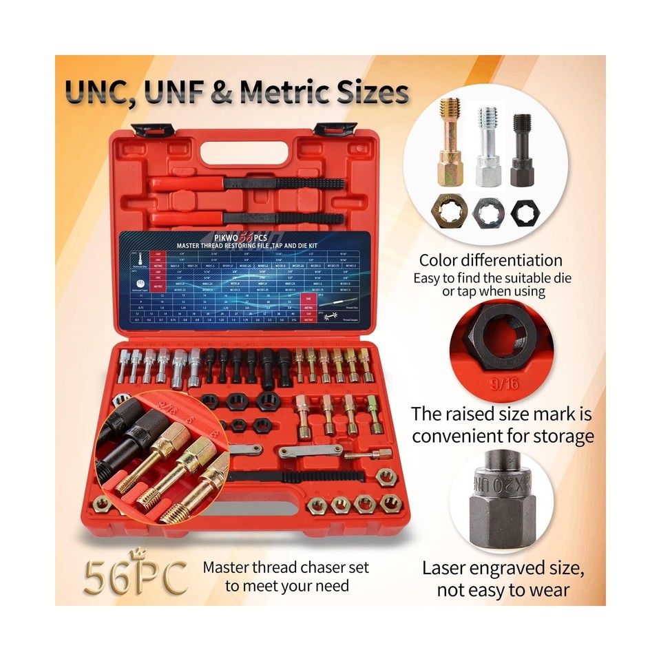 Pikwo 56Pcs Thread Restorer Kit, Rethread Repair Tool, UNC UNF ...