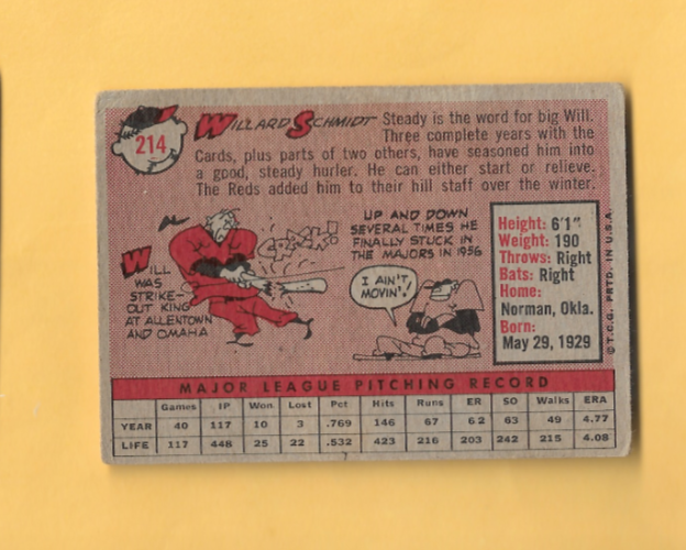 1958 Topps Willard Schmidt #214 Cincinnati Reds VERY GOOD FREE SHIPPING ...