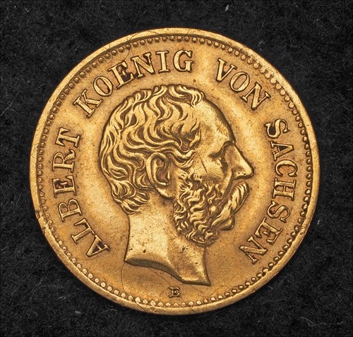 1877-E, Kingdom of Saxony, Albert I. Scarce Gold 5 Mark Coin. (aXF) 1 ...