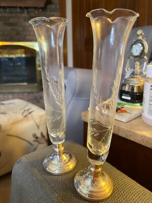Set Of Two Vintage Silver Base Crystal Etched Bud Vases | eBay