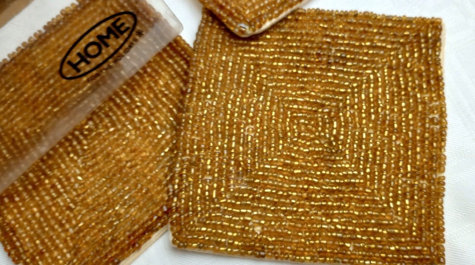 Set 4 Home Glass Beaded Gold Coasters 4" NEW | eBay