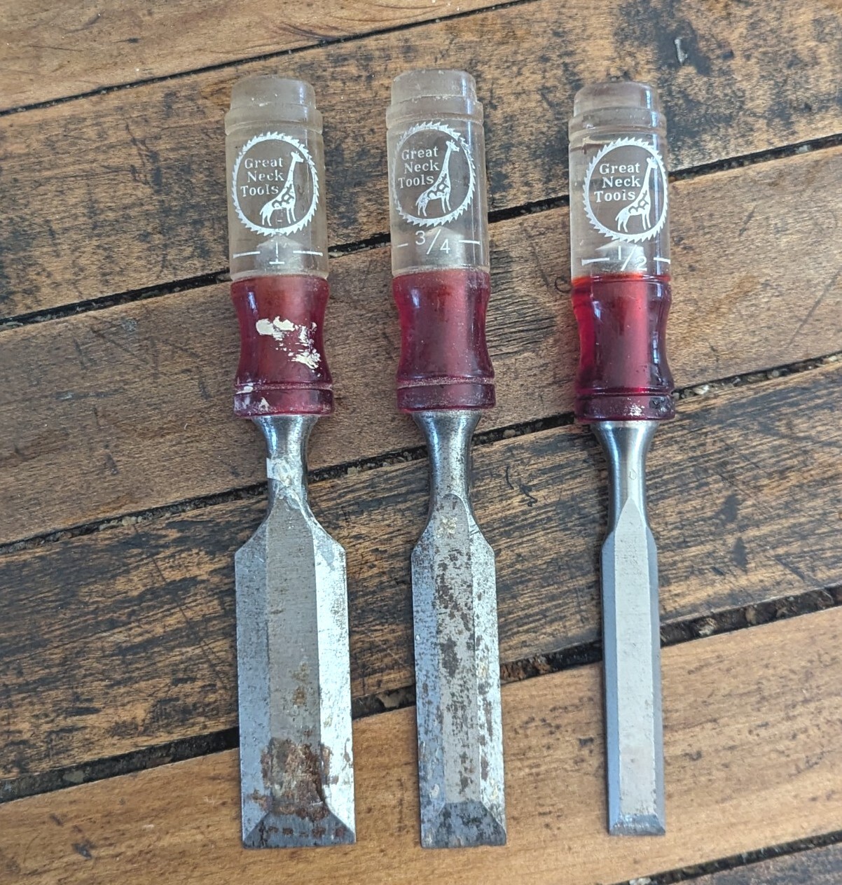 Vtg 3 Piece Great Neck chisel set 1 " 3/4 " 1/2 " Inch Plastic Red ...