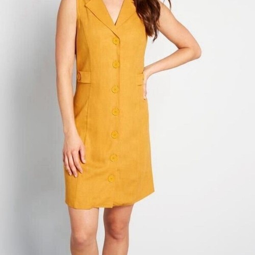 Modcloth Sleeveless Button-Down Shirt Dress Yellow Linen Blend Women's ...